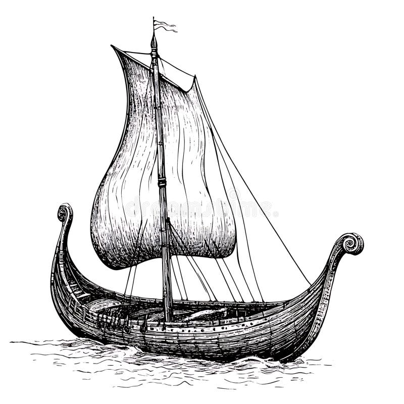 Ink Drawing of a Viking Longship Sailing on the Sea Ink Sketch Stock ...
