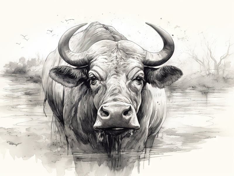 Ink Drawing Water Buffalo Head Made with Generative AI Illustration ...