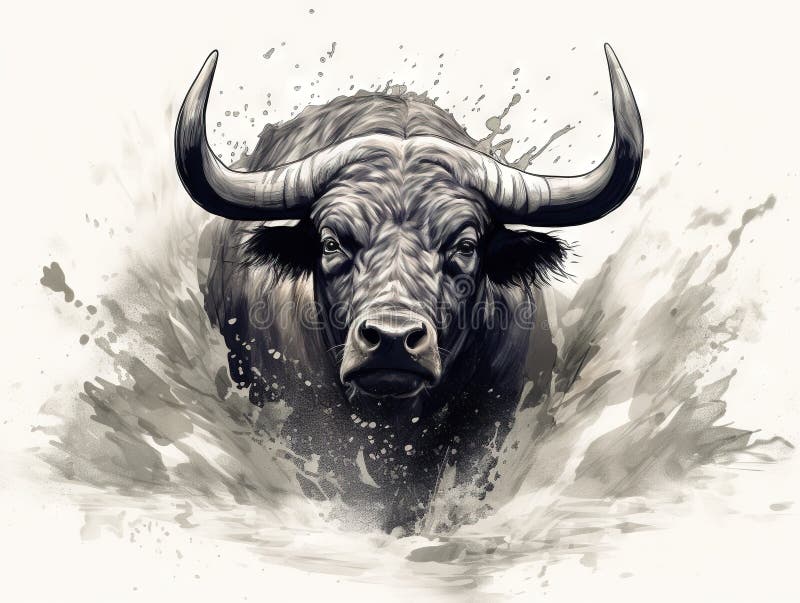 Ink Drawing Water Buffalo Head Made with Generative AI Illustration ...