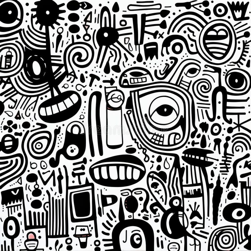 Expressive Black and White Doodle Poster with Moche Art Style Stock ...
