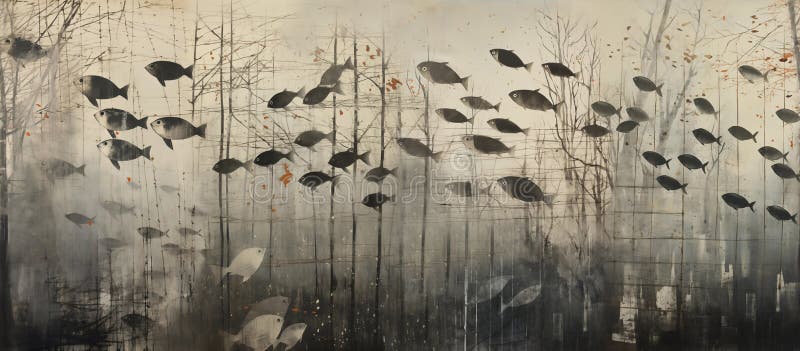 Ink Drawn Landscape Pattern of River Bottom with Fish and Trees in a ...