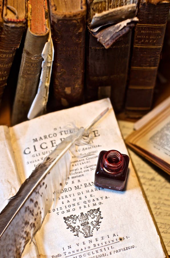 Ink and Feather on Old Books and Writing Stuff Stock Image - Image of ...