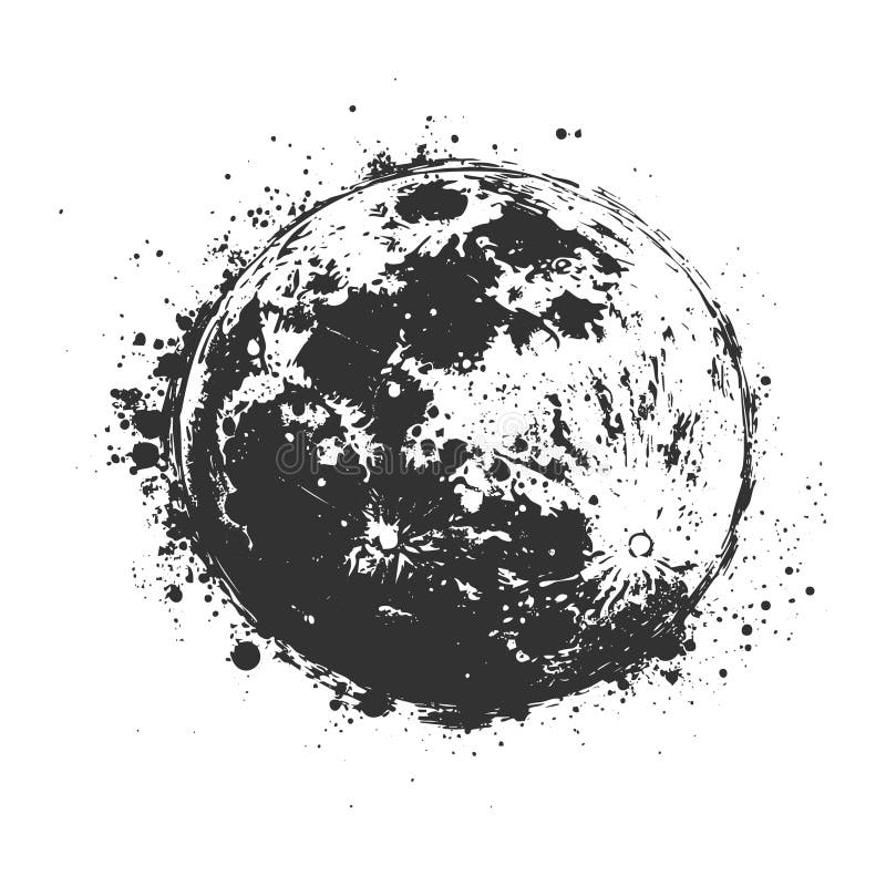 Ink Illustration of the Moon with Artistic Splatter Effects. Stock ...