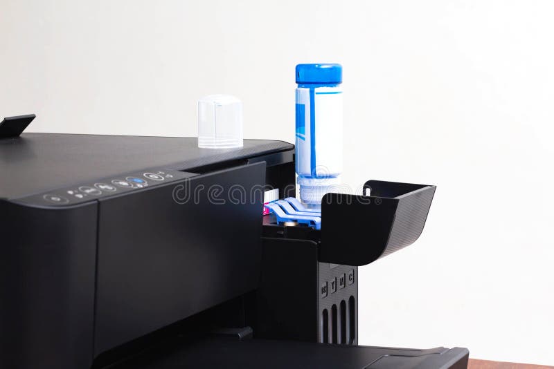 Ink Jet Printer on Wooden Table Stock Photo - Image of page, black ...