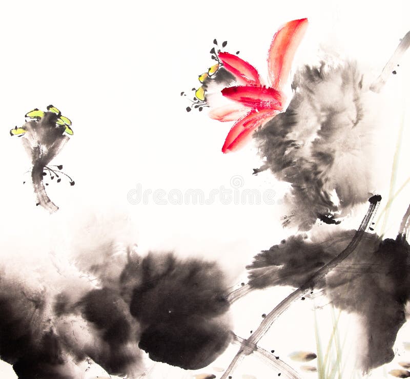 Ink Lotus Painting Hand Drawn Stock Illustration - Illustration of ...