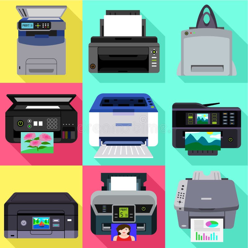 Ink Modern Printer Icon Set, Flat Style Stock Vector - Illustration of ...