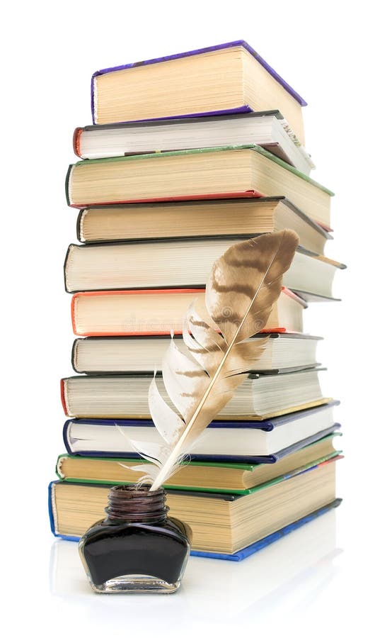 Ink, Pen and Books on a White Background Stock Photo - Image of ...
