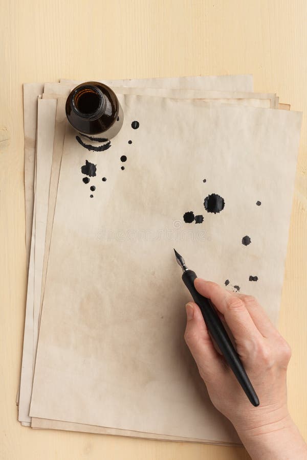 Ink Pen in Hand Over the Old Sloppy Paper Stock Image - Image of ...
