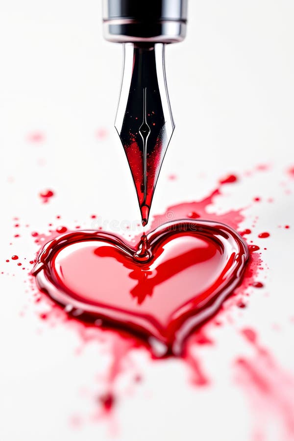 Ink Pen Nib Creating a Red Heart Shape with Splattered Liquid Art Stock ...