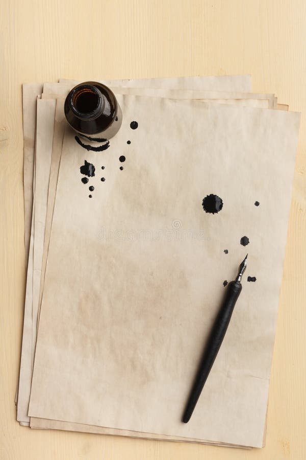 Ink Pen on the Old Paper with Spots Stock Photo - Image of grunge ...