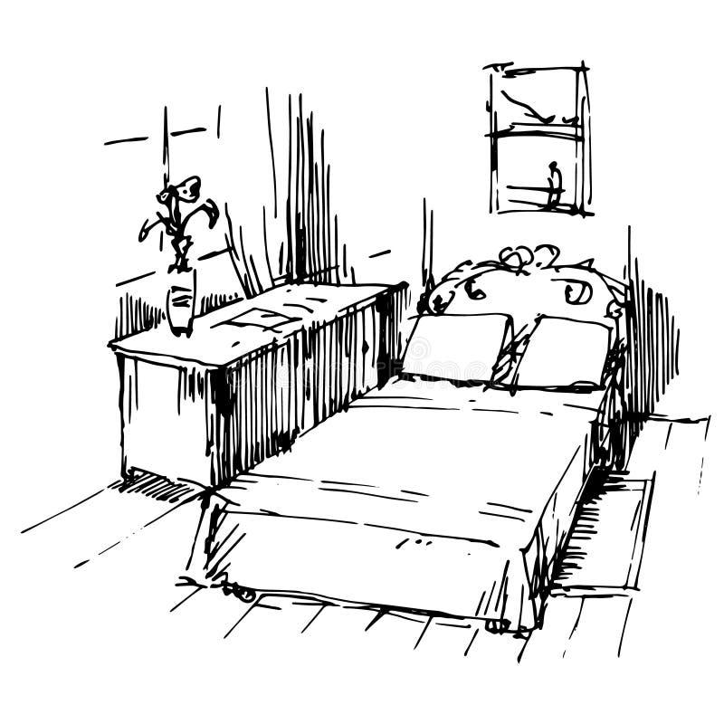 Ink Sketch of the Bedroom. a Double Bed with Pillows and a Chest of ...
