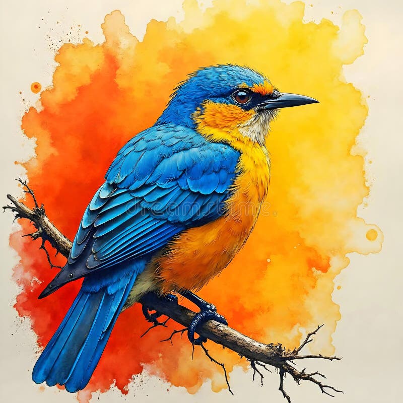 An Ink Sketch of Blue and Yellow Bird with Stylized Swirling Background ...