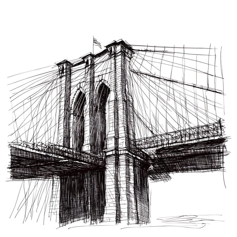Ink Sketch of Brooklyn Bridge S Iconic Towers and Cables Stock ...
