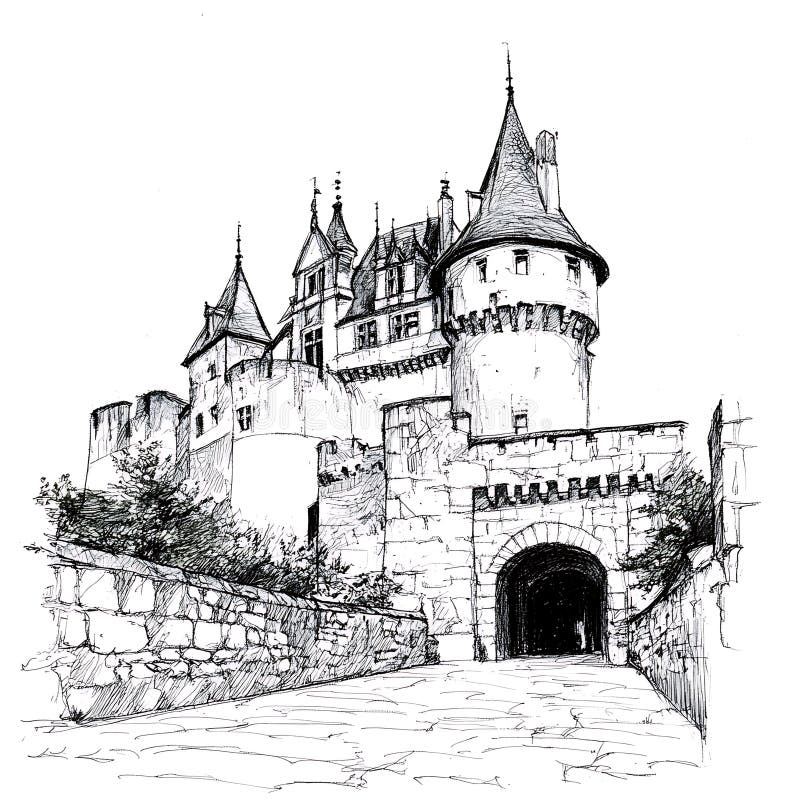 Ink Sketch of a Medieval Castle with a Gatehouse and Towers Stock ...