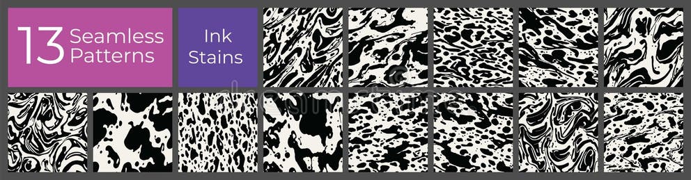 Ink Splatter Seamless Pattern Set. Black Paint Splat Abstract ...