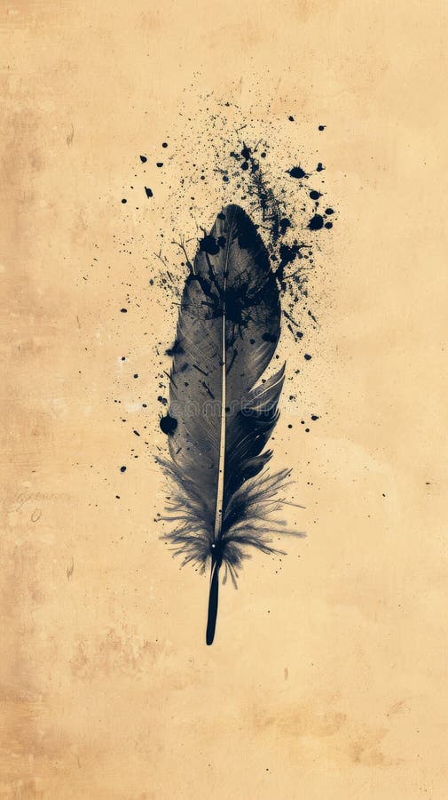 Ink-splattered Feather on Antique Parchment, Artistic Abstract. Vintage ...