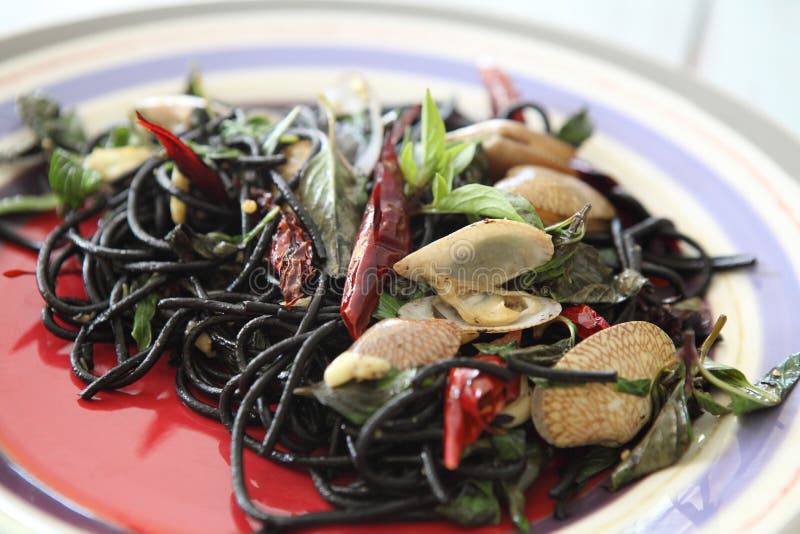Squid Ink Pasta White Wine Sauce Stock Photo - Image of ingredients ...