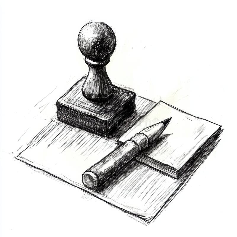 Ink Stamp on a Wooden Base Next To a Pen and Paper Stock Illustration ...