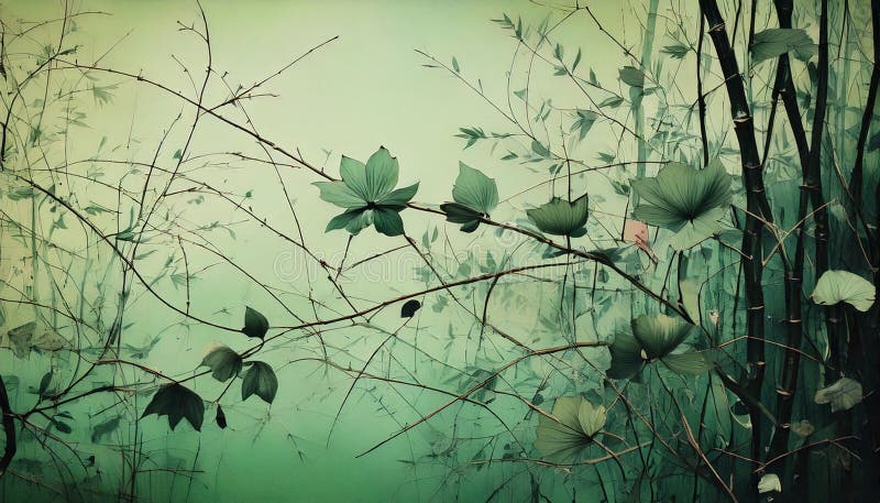 Ink-Wash Lotus and Bamboo Pattern on Watercolor Paper Texture Stock ...