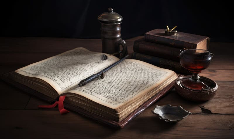 Inkwell and Old Book Displayed on Rustic Table Creating Using ...