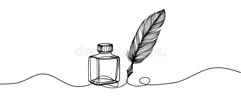 Inkwell and Pen Continuous Line Drawing. One Line Feather with Ink ...