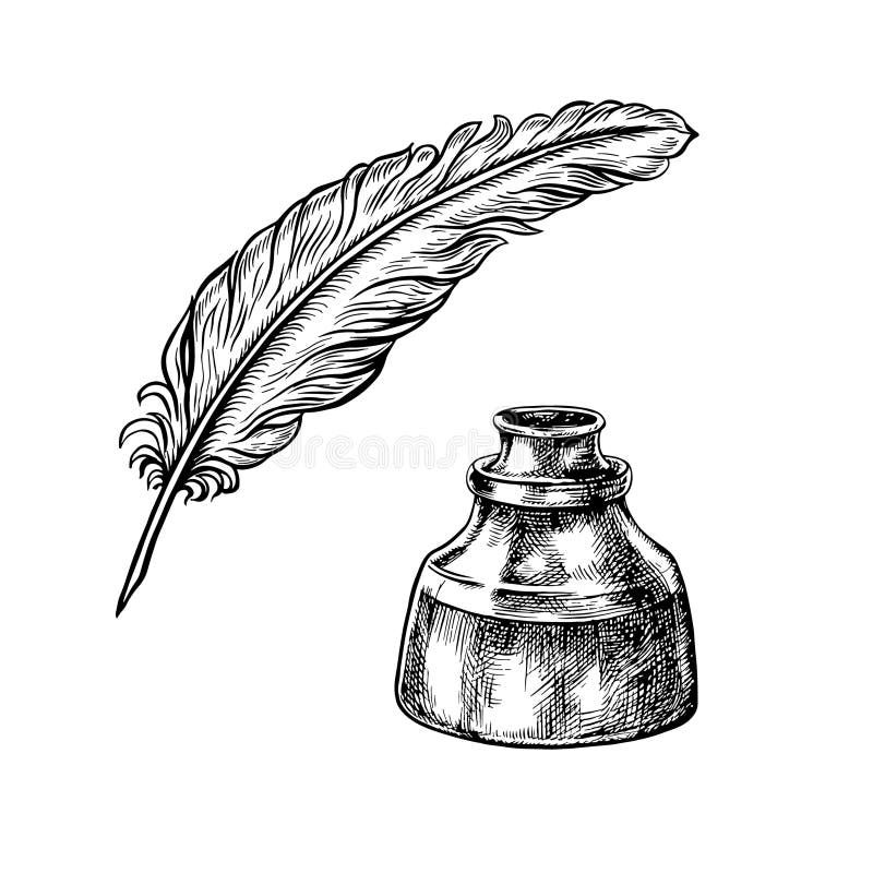 The Inkwell and Pen are Made in a Vintage Style. Vector Black and White ...