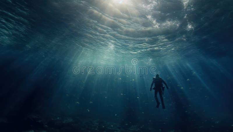 Inky Blue Serenity a Diver Swimming in the Deep Ocean - Generative AI ...