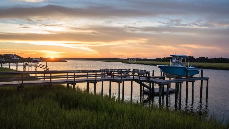 Inlet Sunset on a Dock stock image. Image of sunset - 146332307