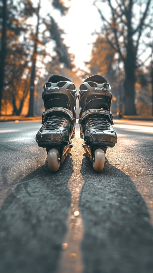 Inline Skates on a Park Pathway with Autumn Trees in the Background ...