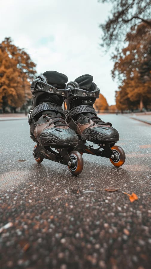 Inline Skates on a Park Pathway with Autumn Trees in the Background ...