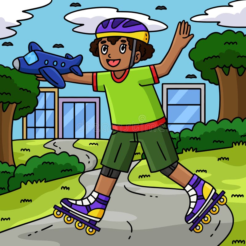 Inline Skating Boy with Toy Colored Cartoon Stock Vector - Illustration ...