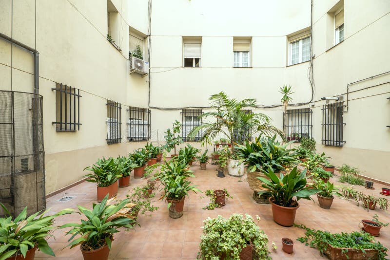 An Inner Courtyard of a Building with a Multitude of Potted Plants and ...