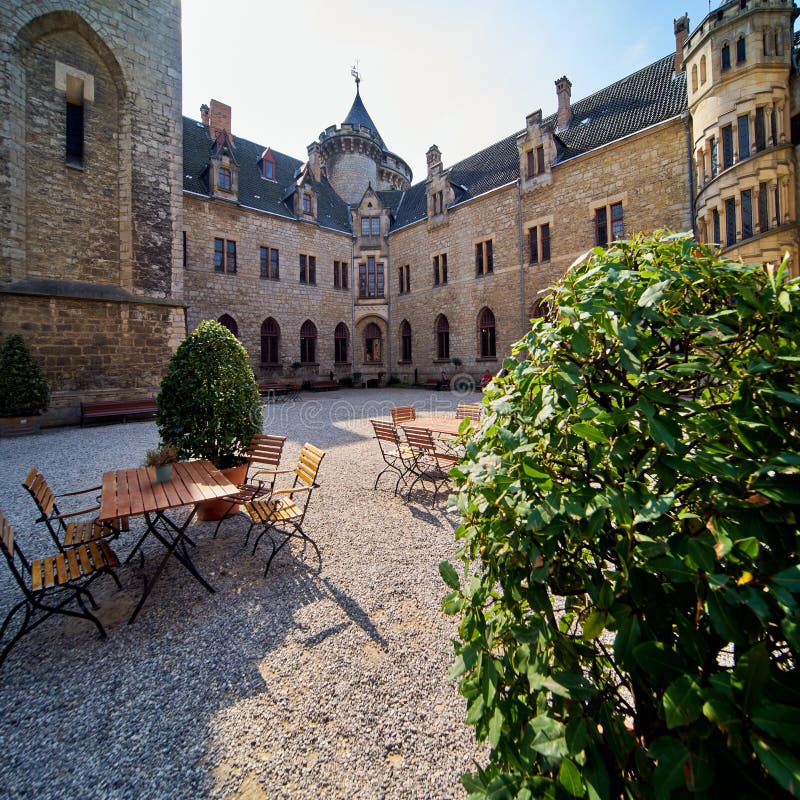 Inner Courtyard a Medieval Castle with Empty Tables and Chairs and a ...