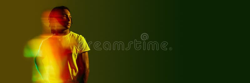 Inner Self. Creative Portrait of Handsome Young Guy with Neon Filter ...