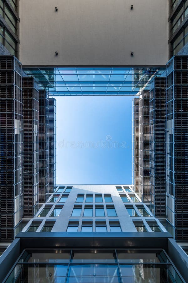 Inner Yard of Modern Office Building Looking Upwards Along Modern ...