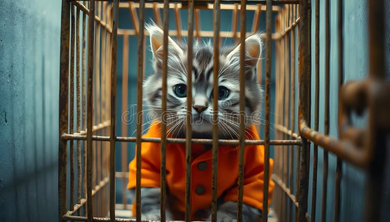 Innocent Eyes Behind Bars: a Kitten in an Old Cage Stock Illustration ...