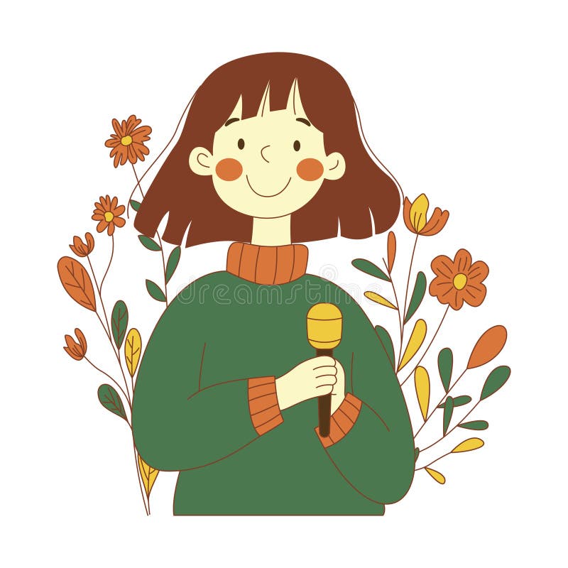 Innocent Nerd Girl Character Singing Using Microphone with Flower ...