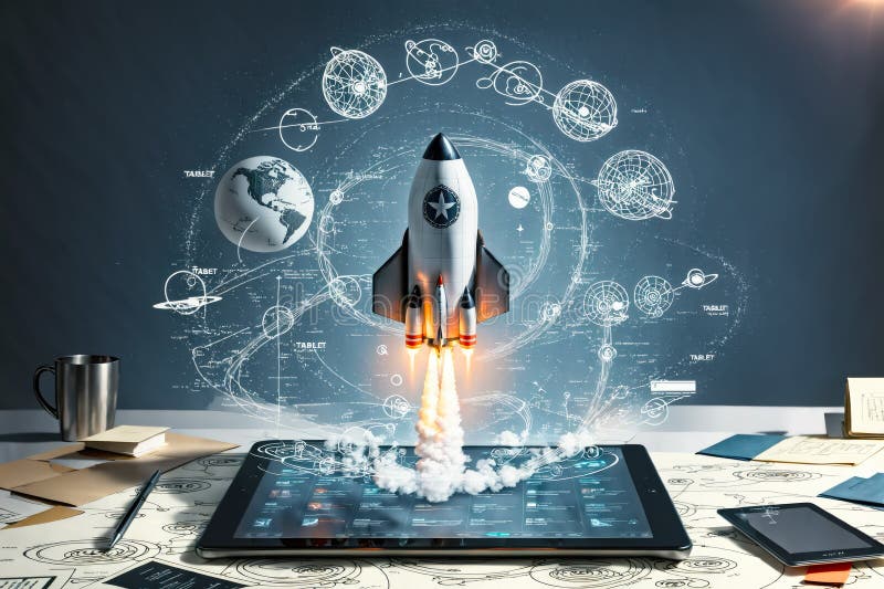 Tablet Magic, Launching a Space Rocket Symbolizing Business Success, AI ...