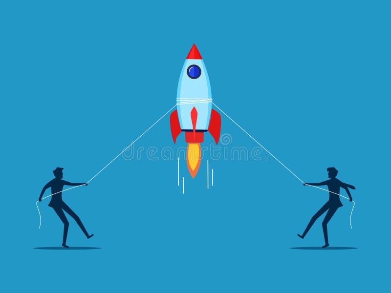 Innovation Competition. Two Businessmen Helping To Pull a Rocket Stock ...
