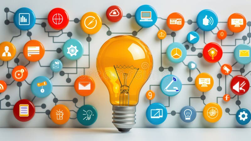 Innovation Concept with Light Bulb and Network Icons Stock Illustration ...