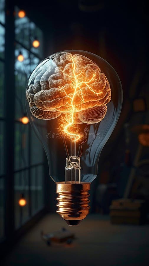 Innovation Concept Lightbulb and Luminous Human Brain Against Dark ...