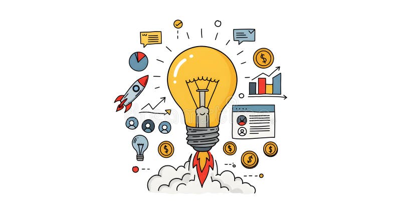Innovation Concept with Lightbulb Rocket Launch and Business Elements ...