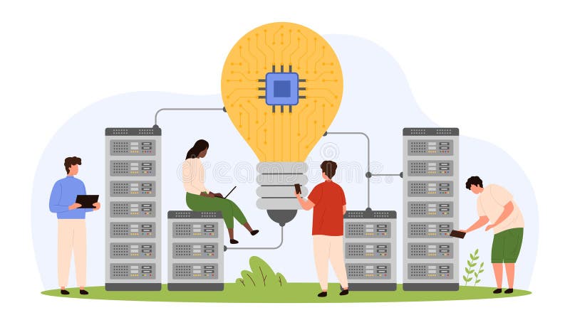 Innovation Data Technology, Tiny People Work on Idea To Connect Light Bulb and Servers Stock ...