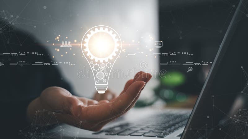 Innovation Design Concept. Hand Holding Light Bulb for New Idea Brain ...