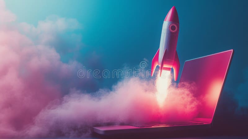 Innovation and Growth Inspire by Digital Rocket Launching from Laptop ...