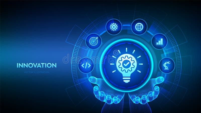 Innovation Icon in Wireframe Hands. Business Innovative Idea and Solution Technology Concept ...