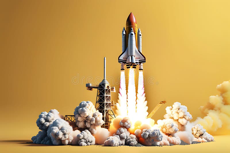 Innovation Ignition: Rocket Launch Isolated on Yellow Background â ...