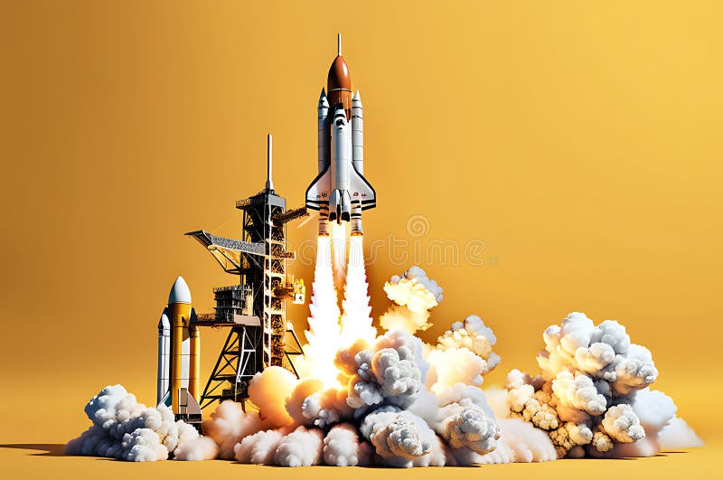 Innovation Ignition: Rocket Launch Isolated on Yellow Background â ...