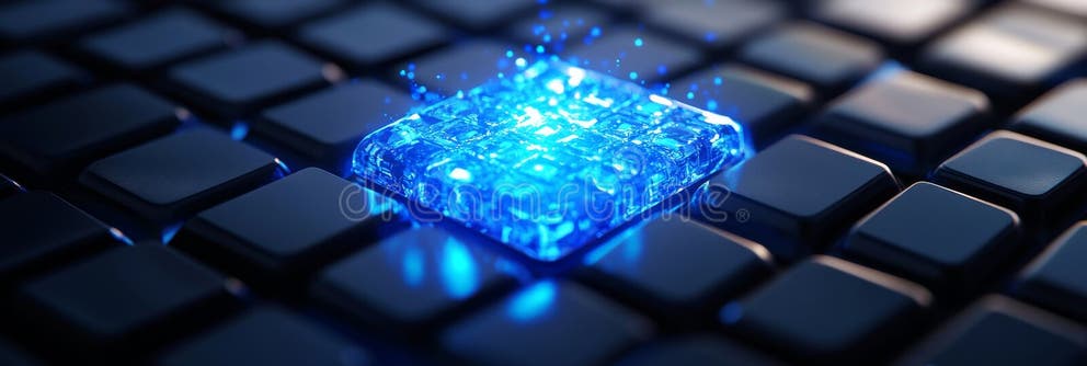 Innovation on Keyboard Glowing Blue Chip on a Dark Keyboard ...