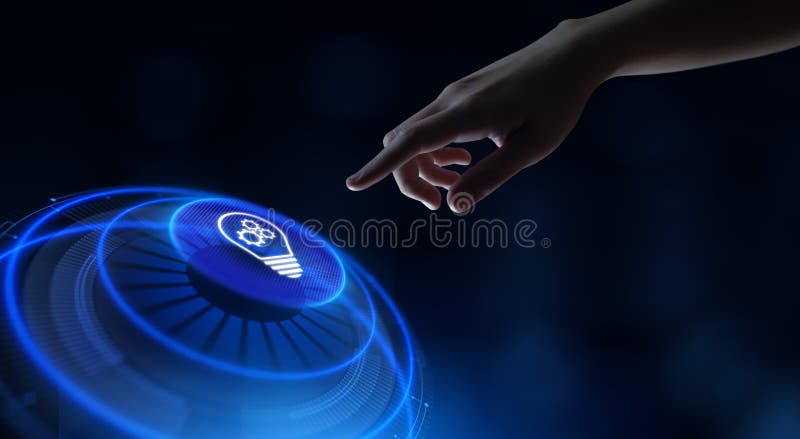 Innovation Technology Concept. Hand Pressing Button on Virtual Screen ...